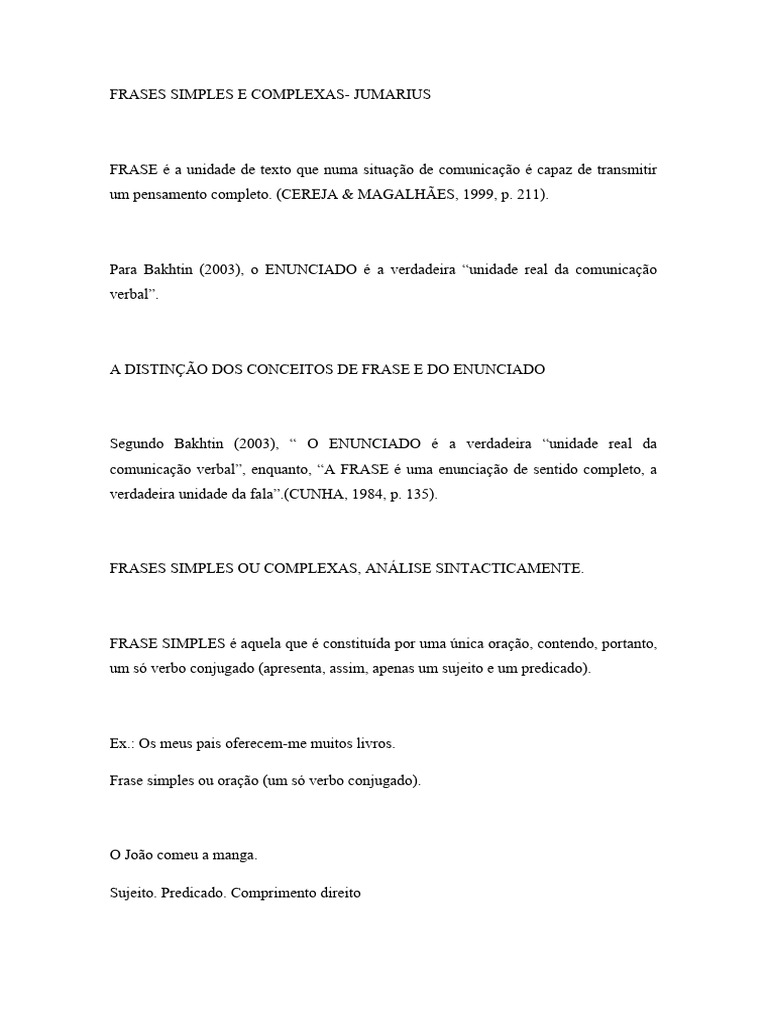 Frases Simples e Complexas - Jumarius | PDF