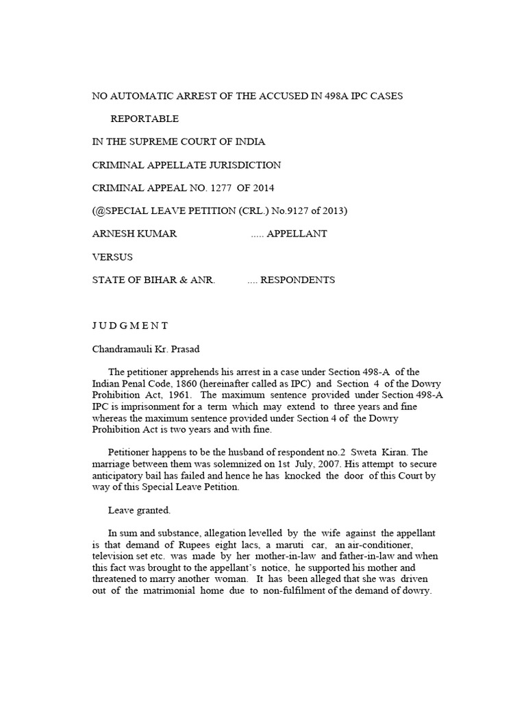 No Automatic Arrest of The Accused in 498a Ipc Cases | PDF | Arrest | Legal Action