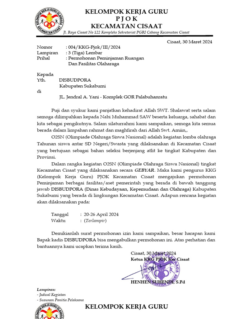 Surat Permohonan Ijin Tempat Disbudpora Kab. Sukabumi | PDF