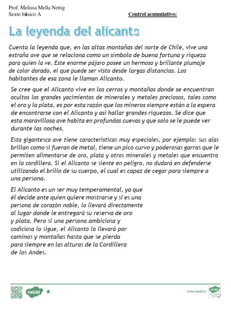 Comprension de Lectura Leyenda Del Alicanto | PDF