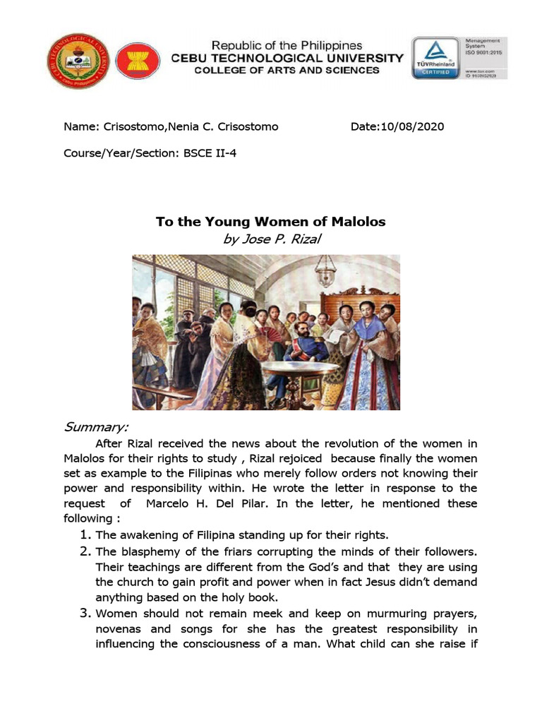 Crisostomo, Nenia C. LWR - To The Young Women of Malolos | PDF