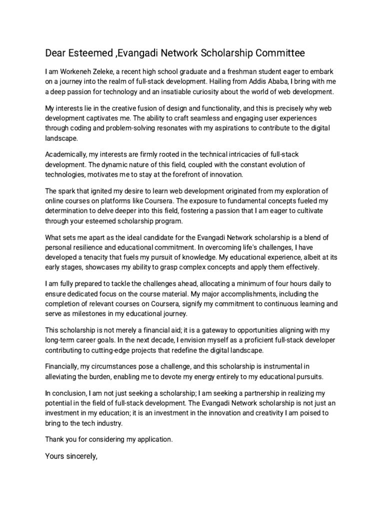 Dear Esteemed, Evangadi Network Scholarship Committee: Yours Sincerely ...