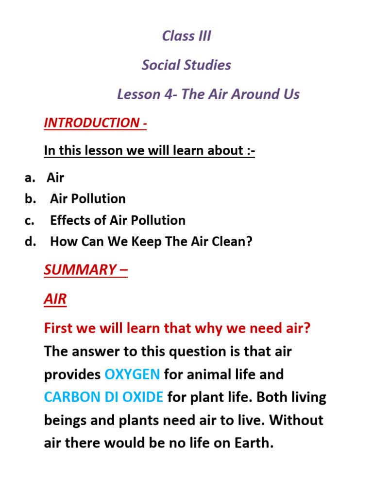 Class 3 - Social Studies Lesson 4-The Air Around Us | PDF | Atmosphere ...