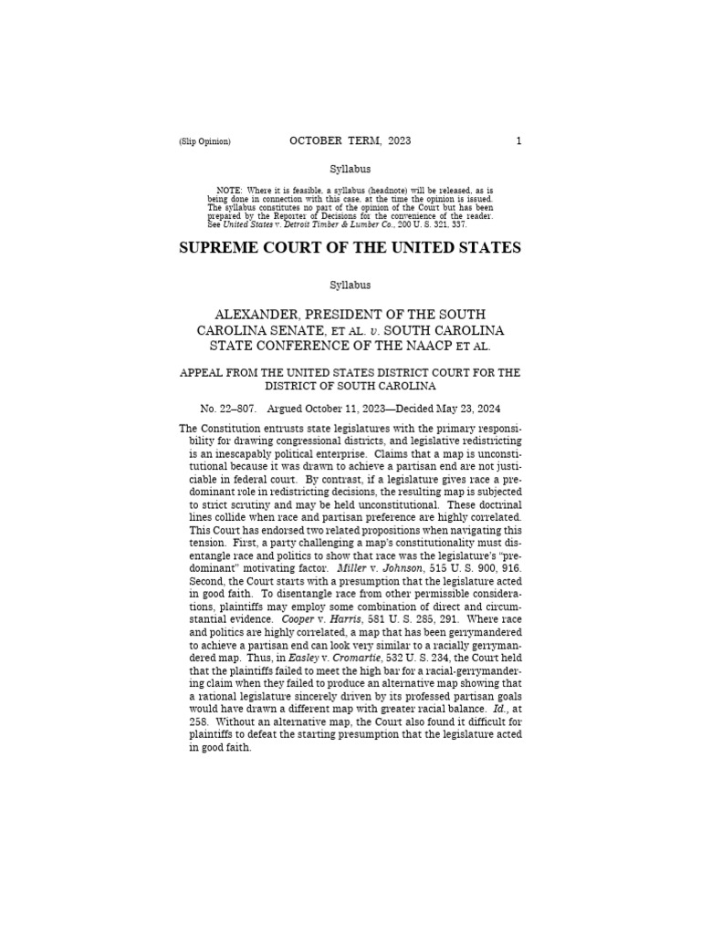 Supreme Court Opinion - Racial Gerrymandering South Carolina | PDF | Supreme Court Of The United ...