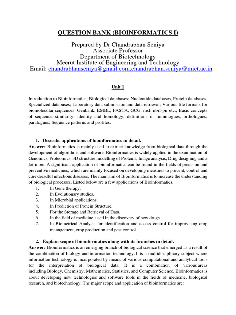 Question Bank (Bioinformatics I) | PDF | Sequence Alignment | Bioinformatics
