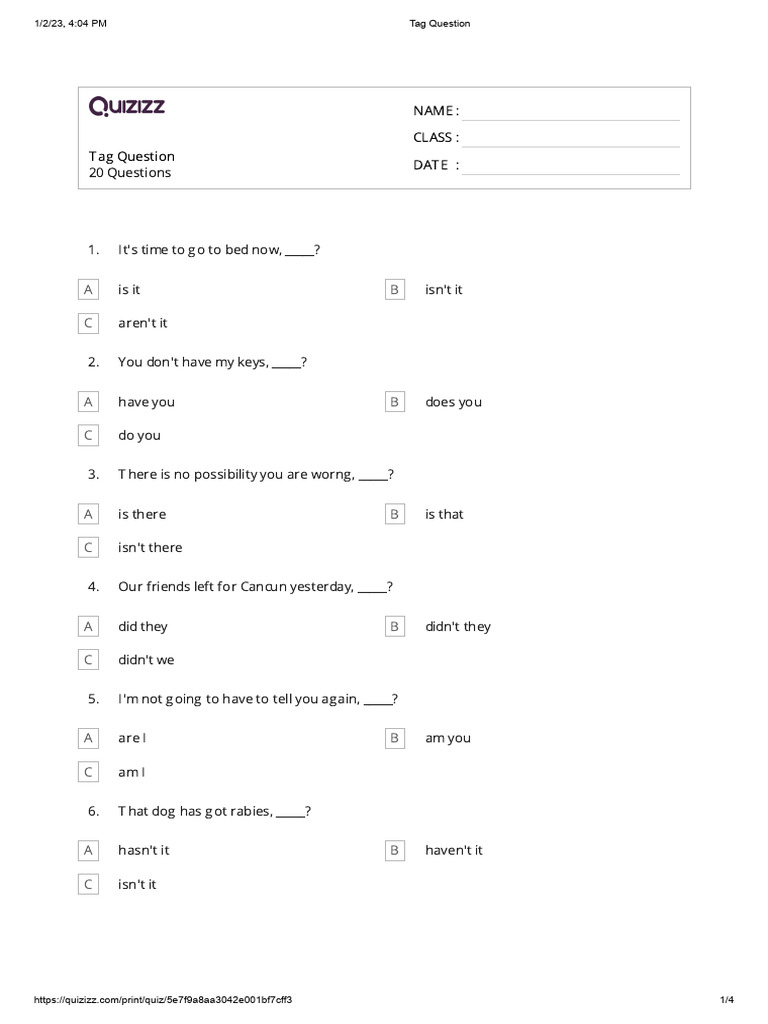 Grade 5 Unit 5-Tag Question | PDF