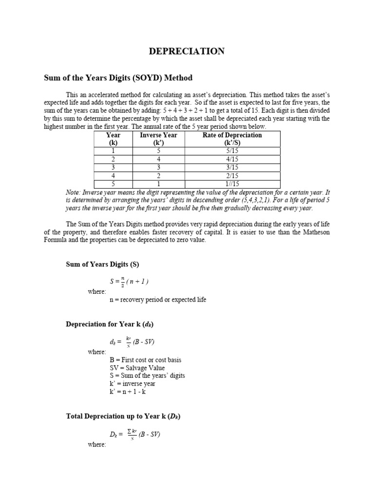 Notes - Sum of Years Digit Method | PDF | Depreciation | Financial ...
