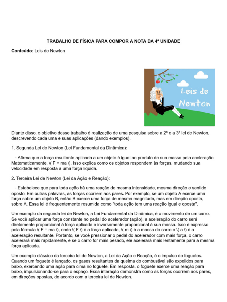 TRABALHO DE FÍSICA 1º Ano 4 UNIDADE - Docx - 20231127 - 195119 - 0000 | PDF | Leis do Movimento ...
