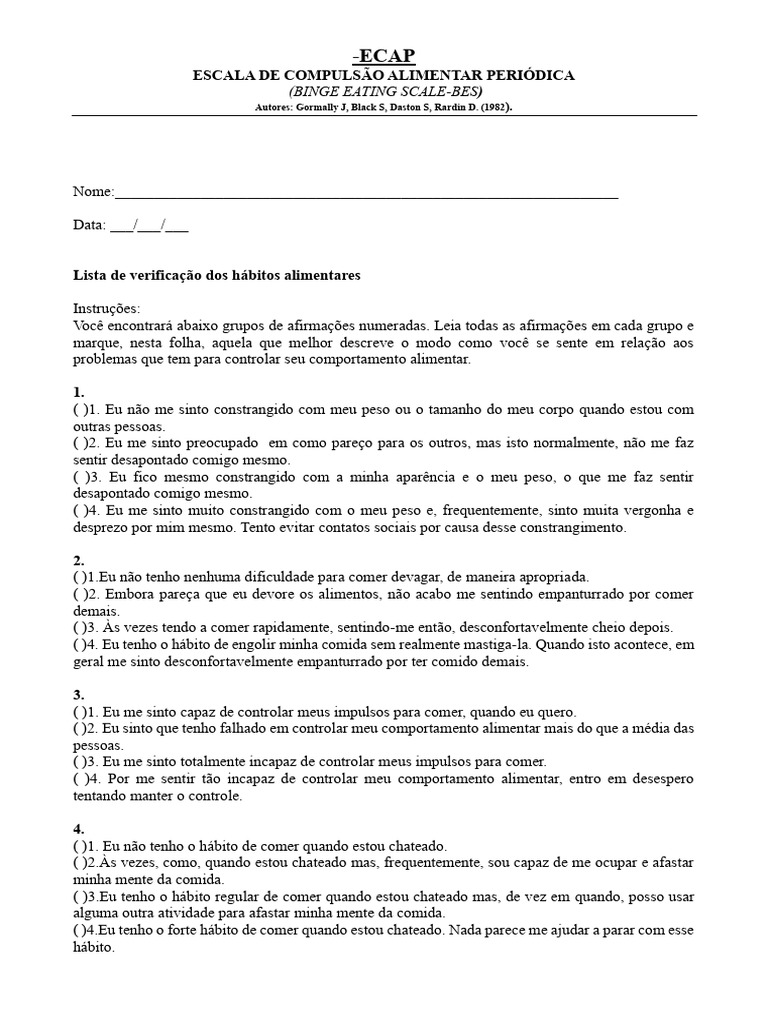 1) ECAP - Escala de Compulsao Alimentar Periodica | Download grátis PDF | Alimentos | Transtorno ...