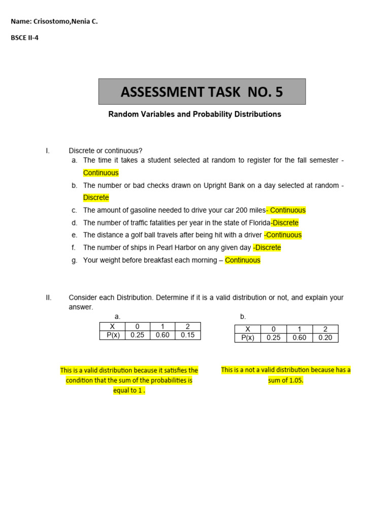 Crisostomo, Nenia C. Assessment Task No. 5 | PDF | Probability Distribution | Parole