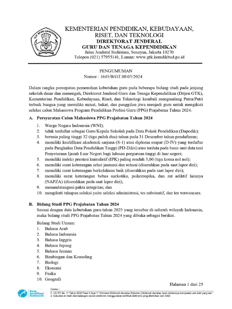 1643_Surat Pengumuman PPG Prajabatan Tahun 2024 | PDF 1643_Surat Pengumuman PPG Prajabatan Tahun 2024 | PDF