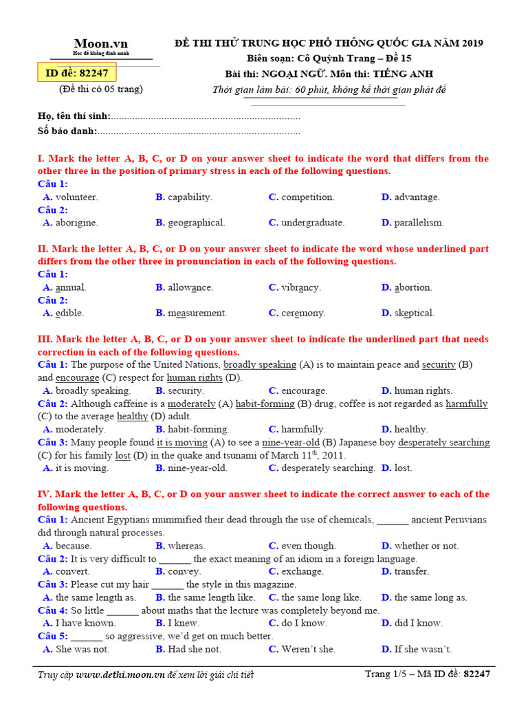 De Thi Thi Thu THTP Quoc Gia 2019 Co Quynh Trang de 15 82247 126201952519PM | PDF | Ketchup | Tomato