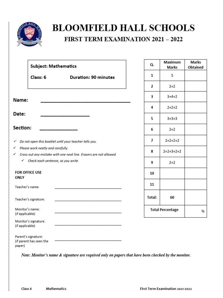 1st Term Class 6 Math Paper | PDF | Mathematical Objects | Mathematical ...