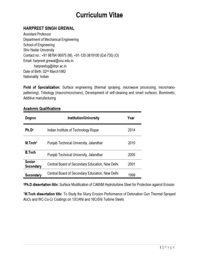 CV - HS Grewal | Download Free PDF | Wear | Materials Science