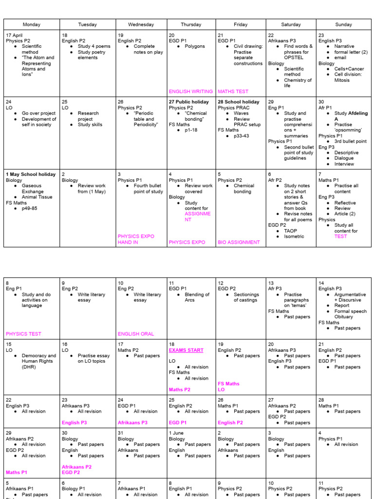 Study Timetable | Download Free PDF | Physical Sciences