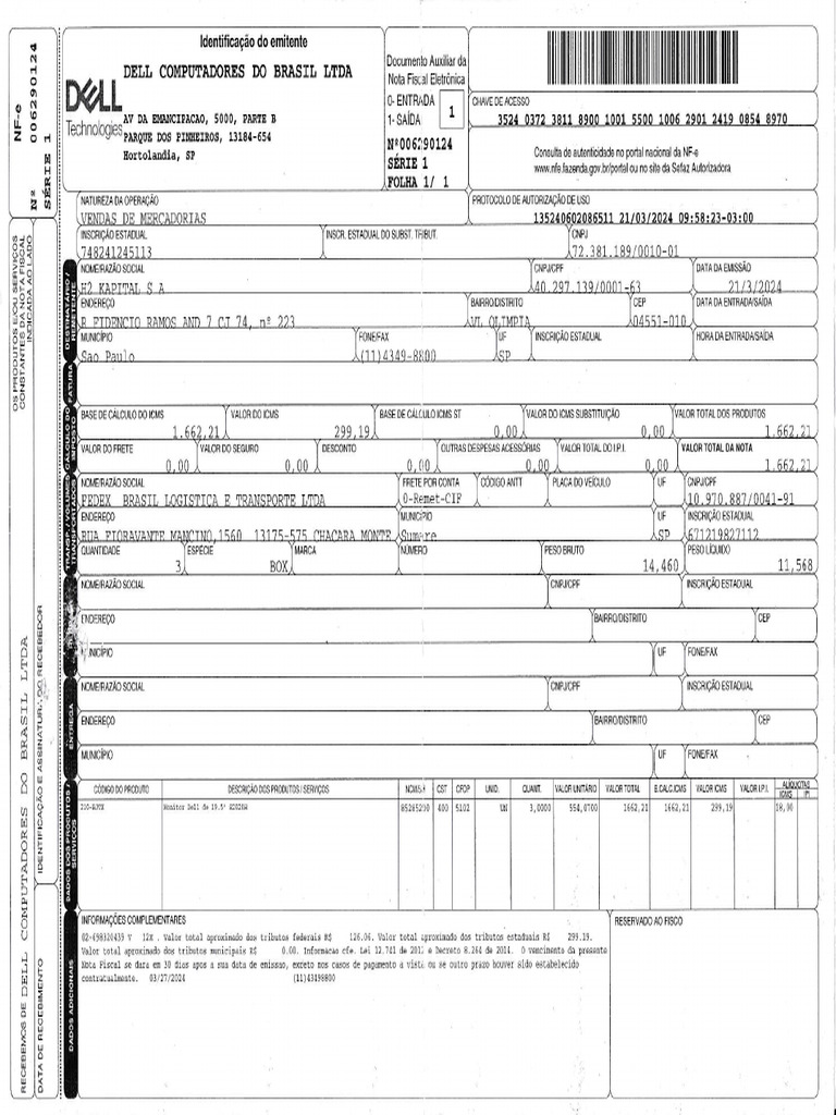 Nota Fiscal Dell Computadores | PDF