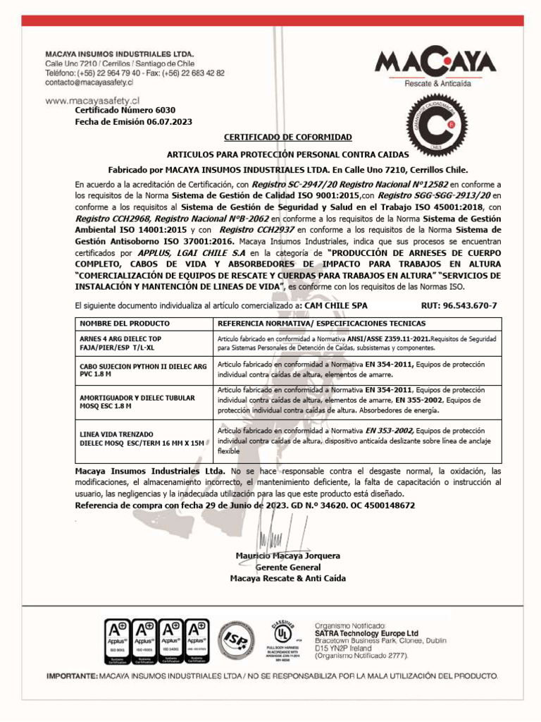 Certificado de Conformidad N 6030. Cam Chile SPA | PDF | Tecnología