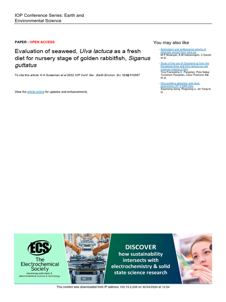 Seaweed Diet for Golden Rabbitfish Growth | PDF