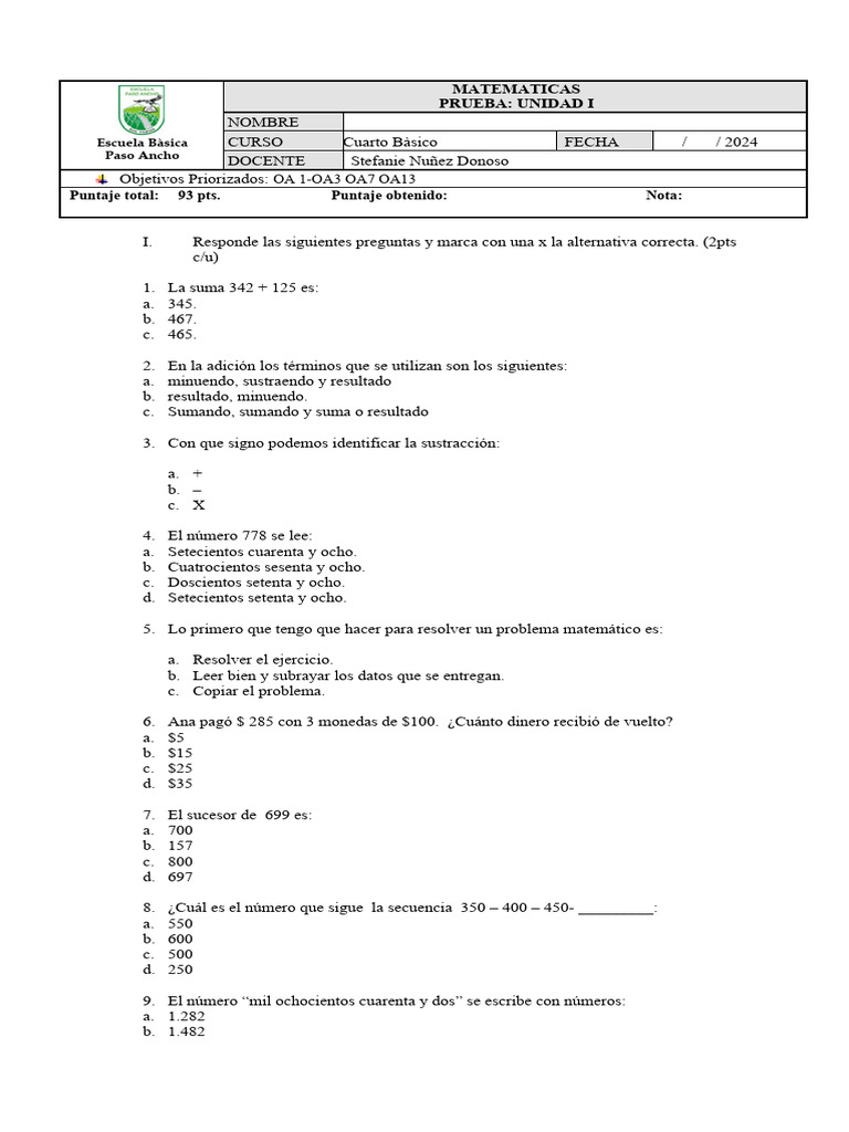 Prueba Matematicas | PDF | Sustracción | Números