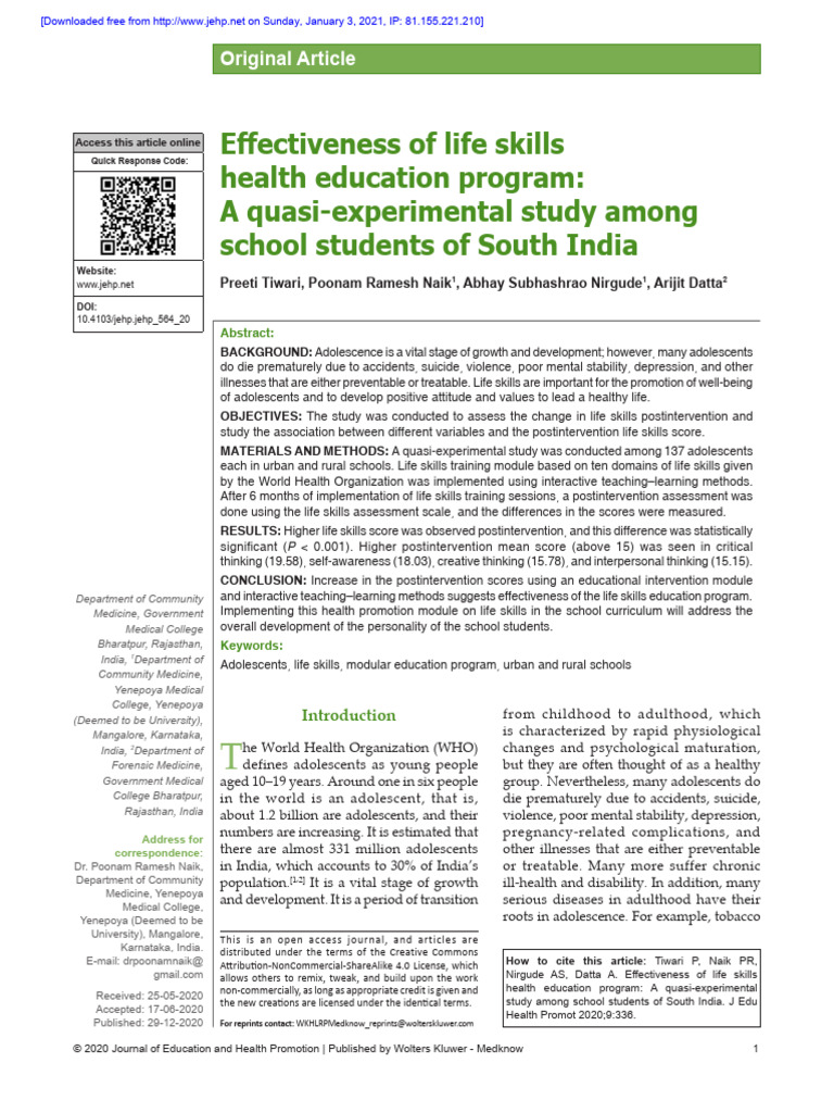 Effectiveness of Life Skills Health Education Prog | PDF | Health Education | Psychology