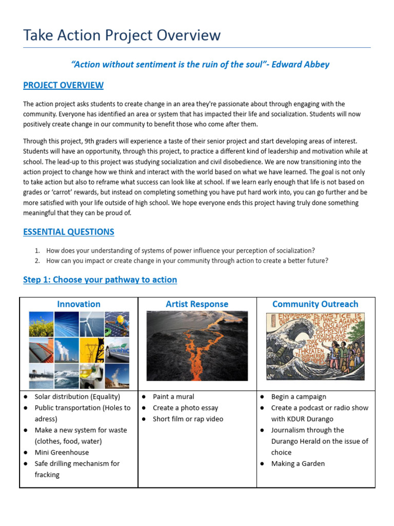 take action project overview | PDF | Innovation | Socialization