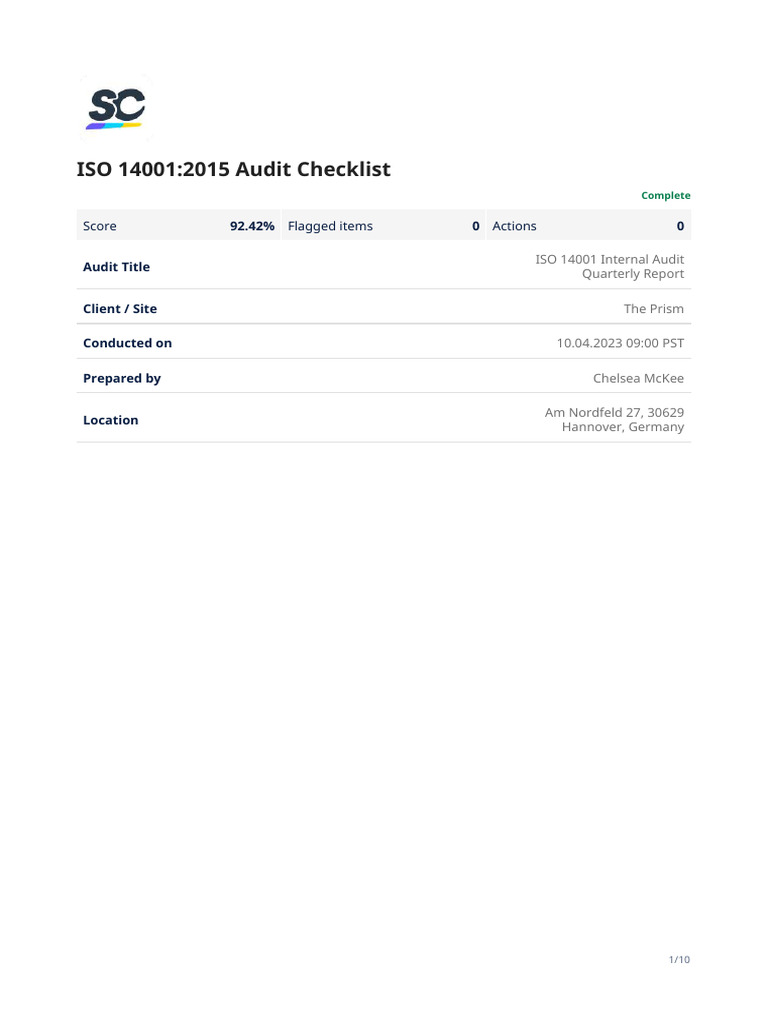 ISO 14001:2015 Internal Audit Checklist | PDF | Audit | Environmental ...