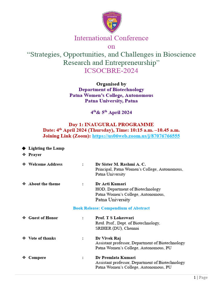 Program Schedule - ICSCOBRE-2024 - 03.04.2024 | Download Free PDF | Biotechnology | Biology