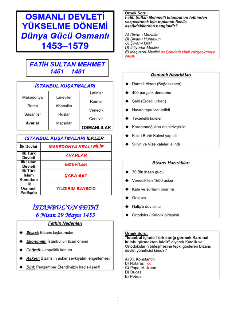 5) OSMANLI YÜKSELME (Dünya Gücü Osmanlı) 1453 - 1579 | PDF