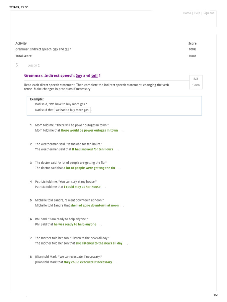 Grammar_ Indirect speech_ Say and tell 1 – Mode_ report – Unit 5 _ Lesson 2 – MyEnglishLab | PDF ...