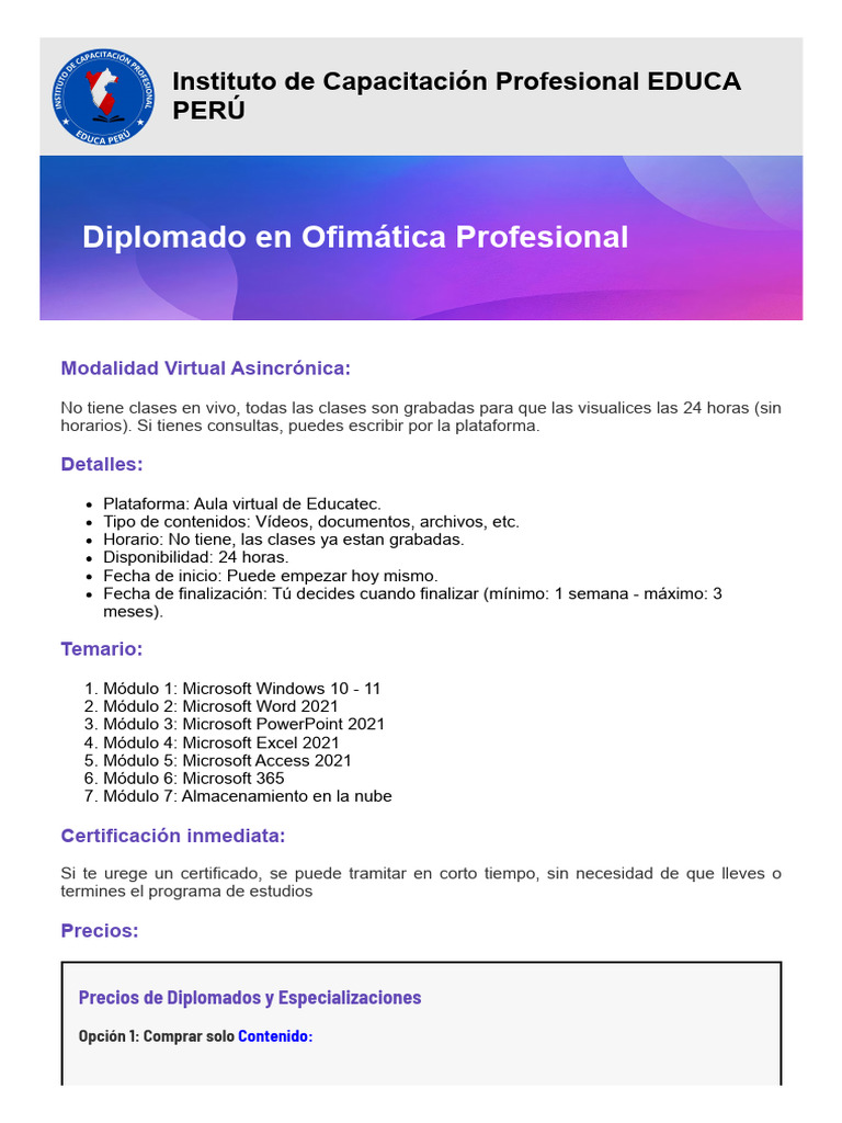 Diplomado Virtual en Ofimática Perú | PDF | Microsoft | Software de la ...