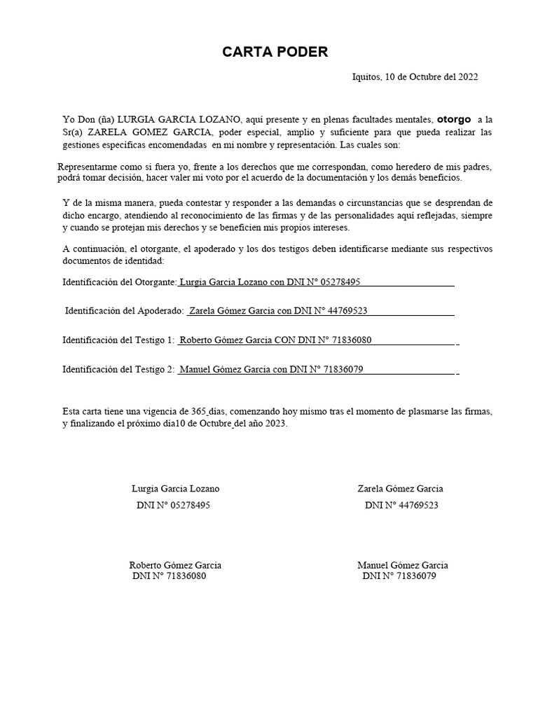 Carta Poder Simple Con Dos Testigos