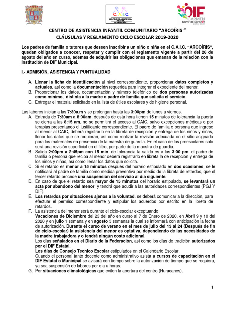 Centro de Asistencia Infantil Comunitario "Arcoíris " Cláusulas Y Reglamento Ciclo Escolar 2019 ...