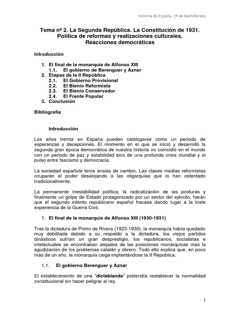 Tema N - 2. La Segunda Rep-Blica. La Constituci-N de 1931 | PDF | Francisco franco | España