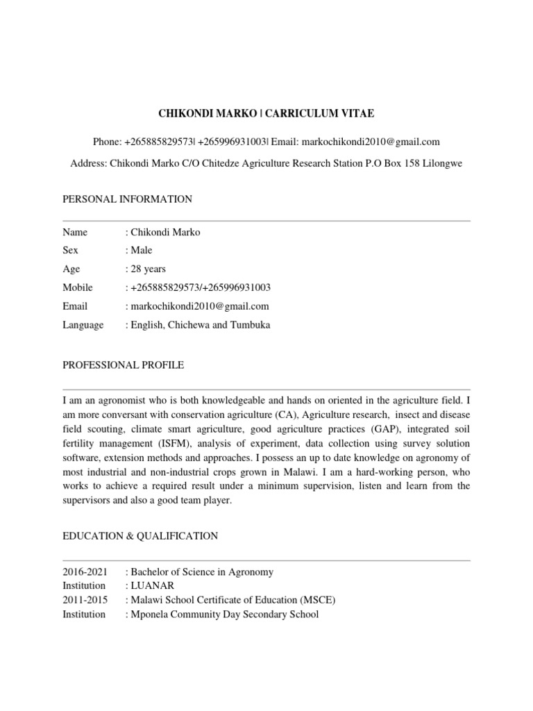 Chikondi Marko. Cv | PDF | Agriculture | Agronomy