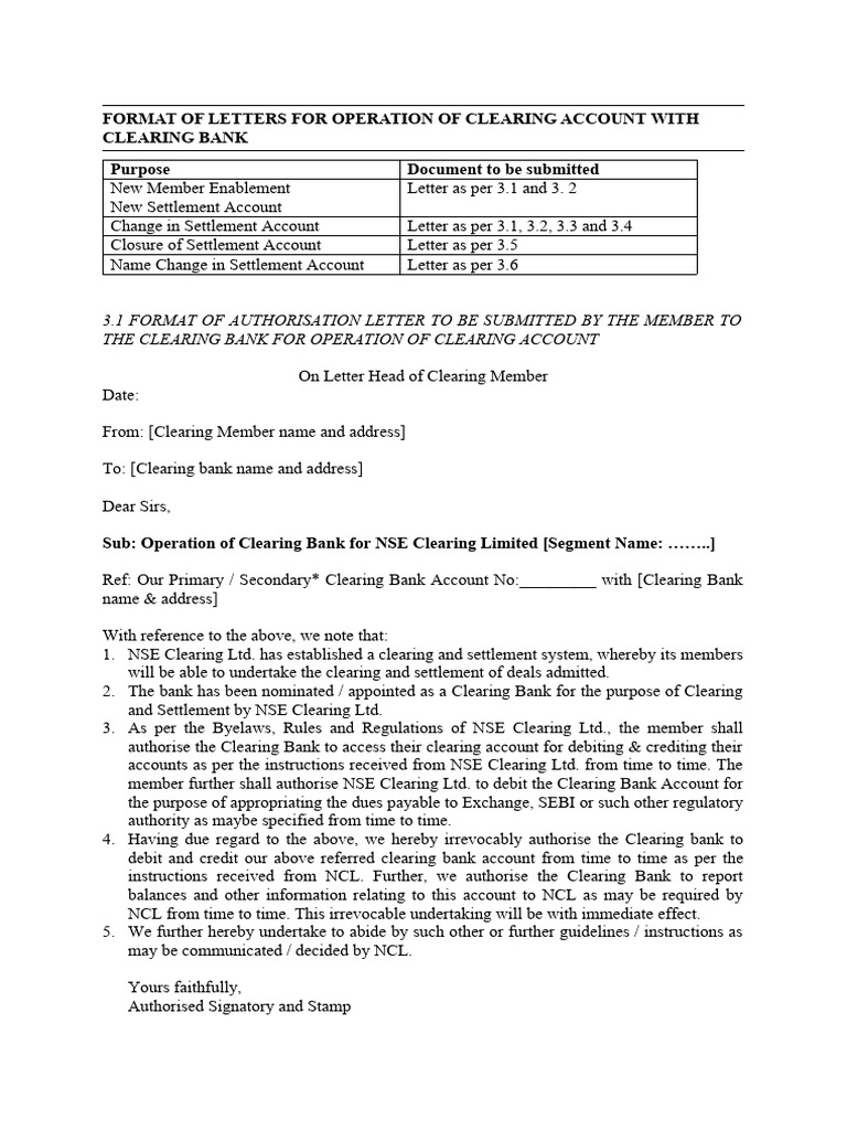 Format of Letter To Be Submitted by Member To Bank For Operation of ...