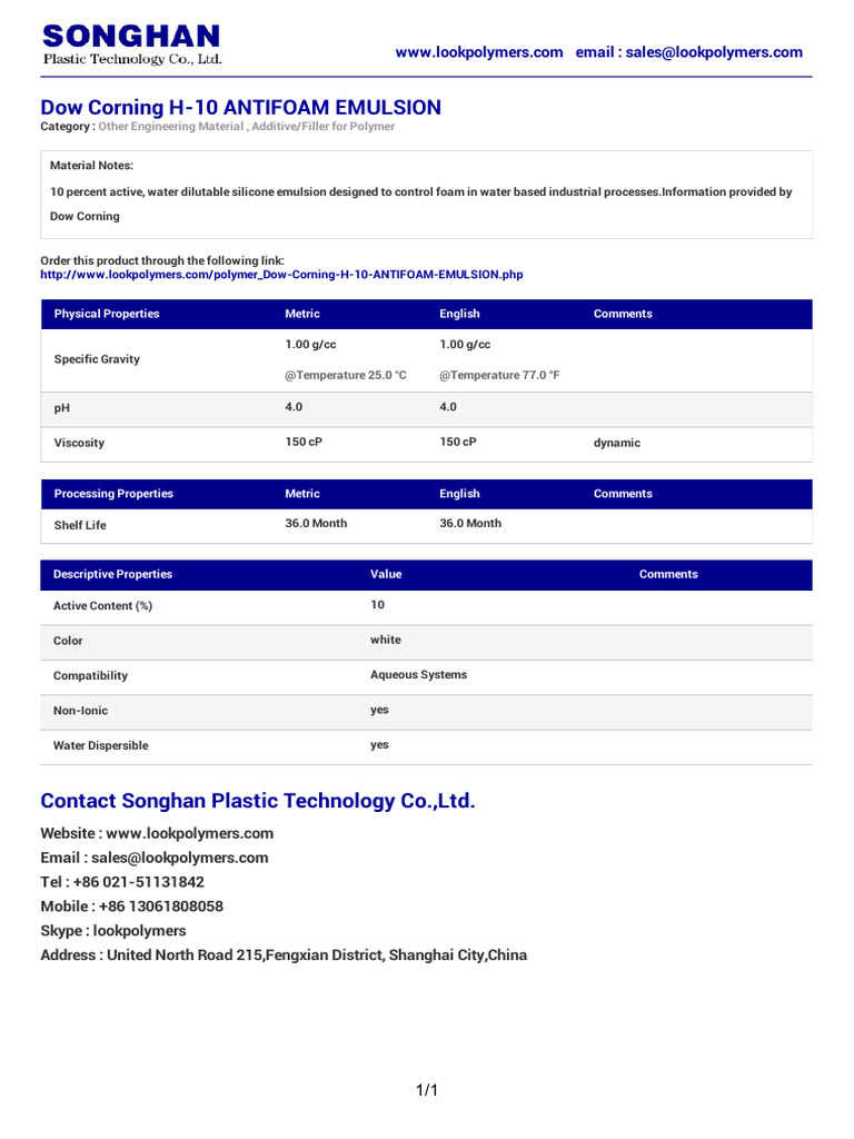 Dow Corning H 10 ANTIFOAM EMULSION | PDF