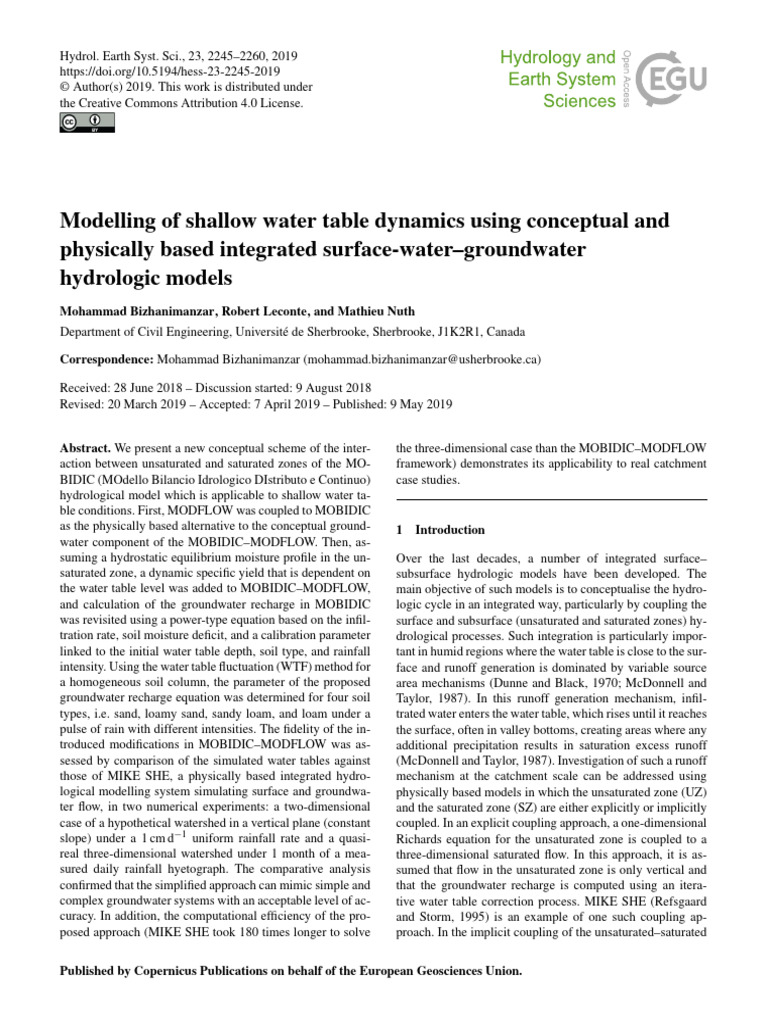 Modelling of Shallow Water Table Dynamics Using Co | PDF | Groundwater | Hydrology
