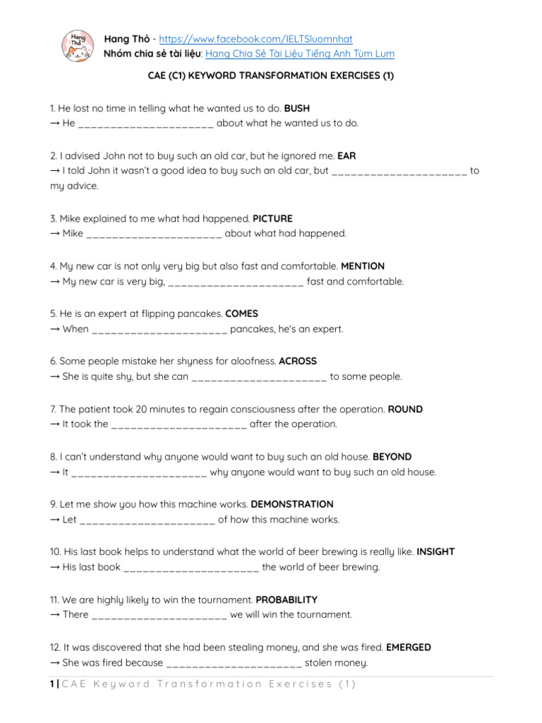 CAE Keyword Transformation Exercises | PDF
