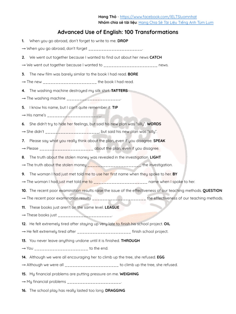 (Hang Thỏ) 100 Key Word Transformations (Advanced) | PDF