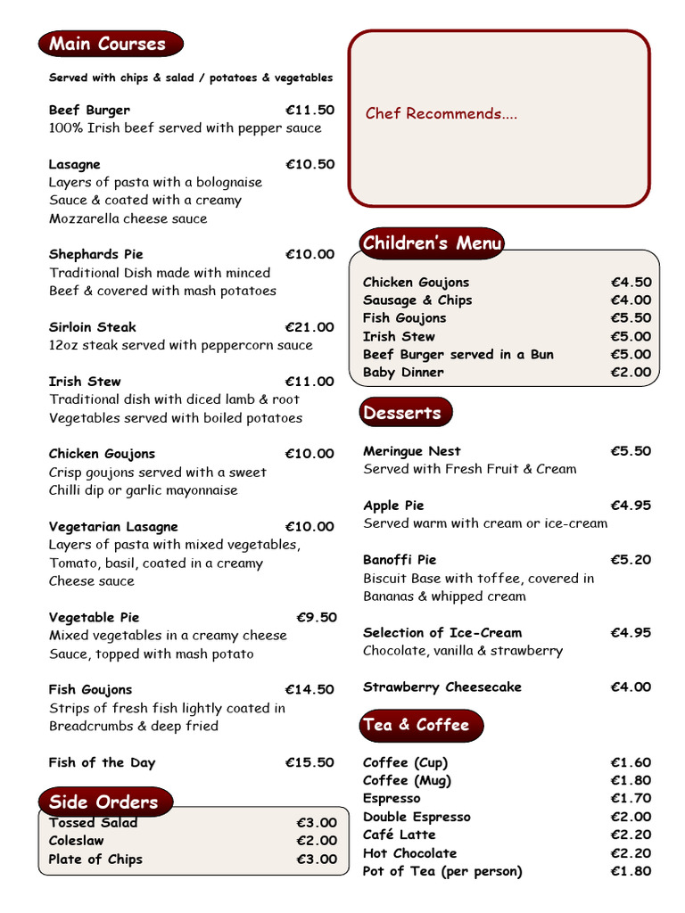 Delicious Irish Main Courses Menu | PDF | Hamburgers | French Fries