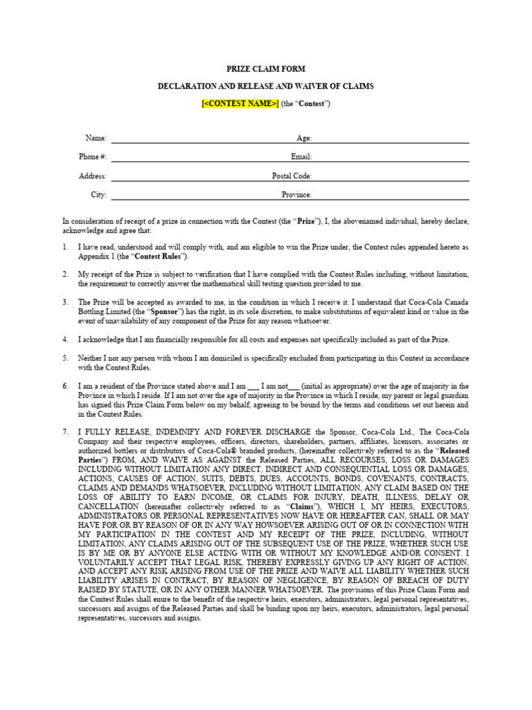 Prize Claim Release | PDF | Legal Liability | Damages
