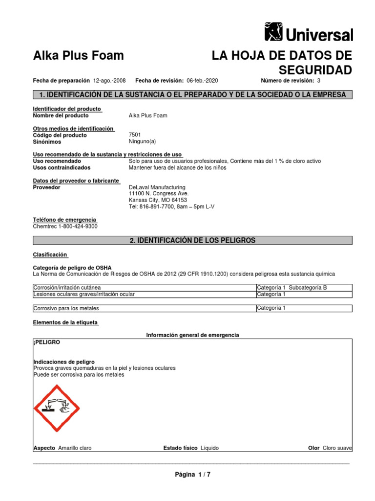 Hoja de Seguridad de Alka Plus Foam | PDF | Agua | Corrosión