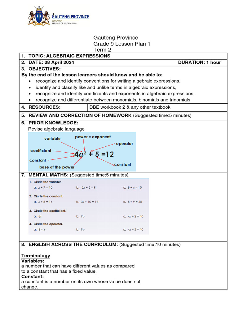 Grade 9 Term 2 Algebraic Expressions Equations and Functions ...