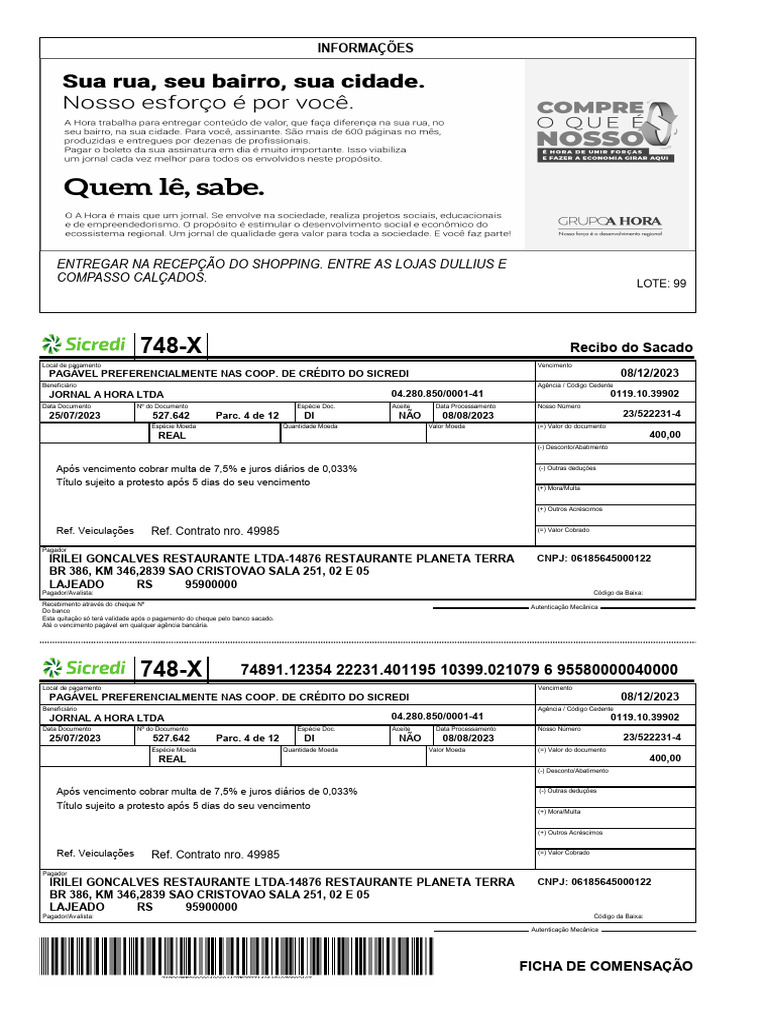 Informações: Recibo Do Sacado | PDF | Cheque (banco) | Moeda