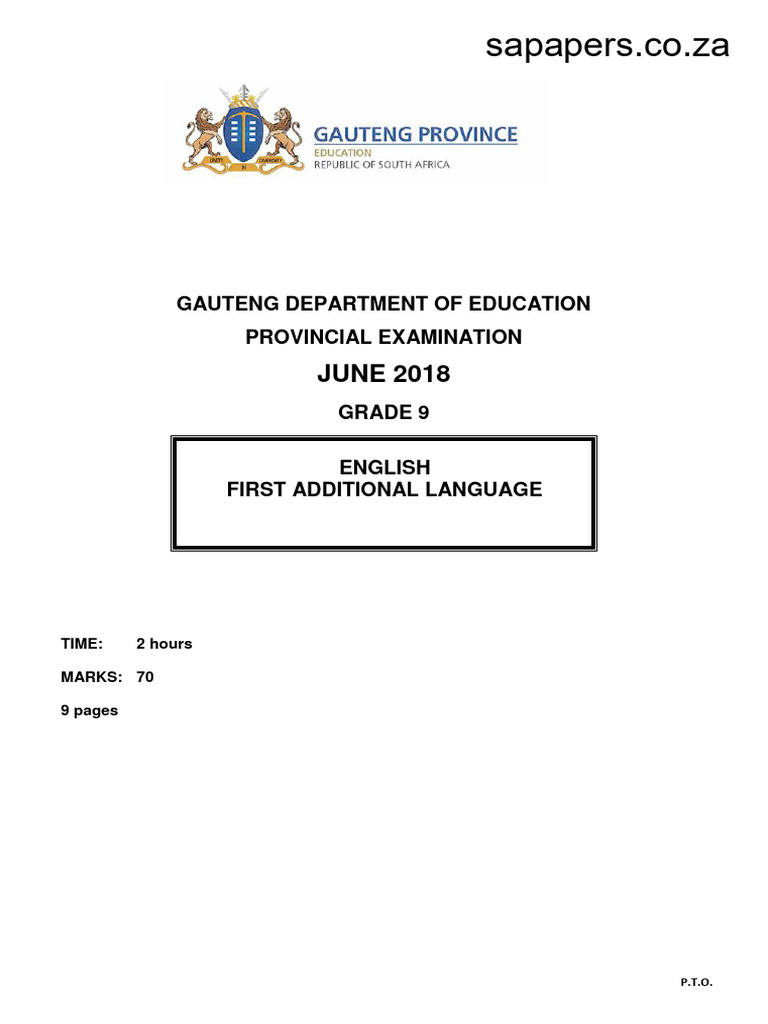 Gr9 ENG (FAL) June 2018 Question Paper | PDF | Audition | Linguistics