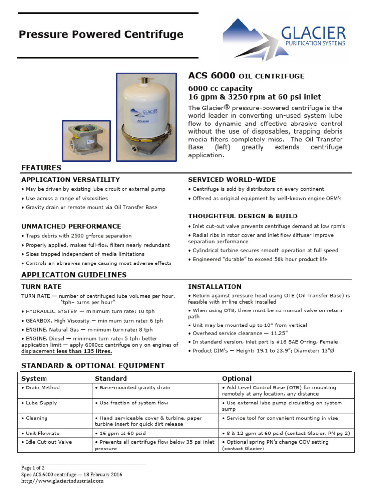 Specifications - ACS 6000 Centrifuge Glacier | PDF | Pump | Mechanical ...