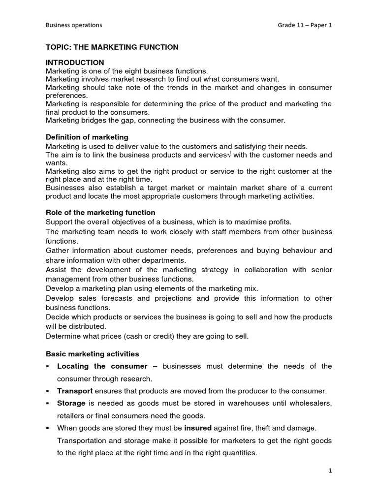 Topic 1 Grade 11 Marketing Function | PDF | Marketing | Pricing