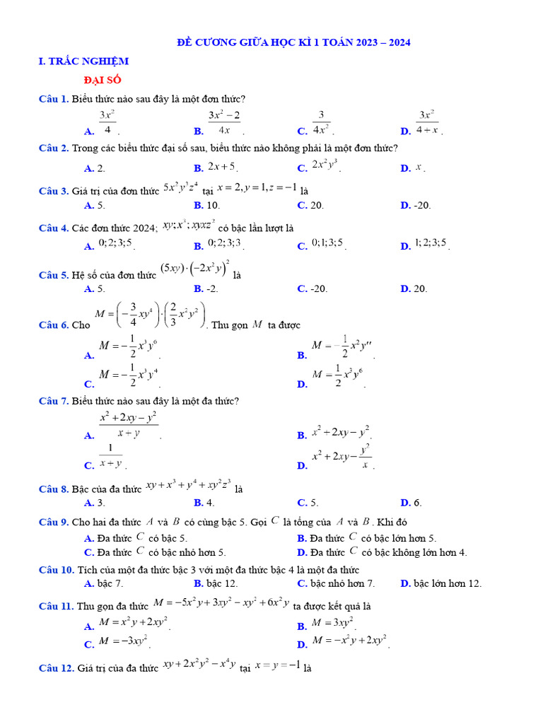 Đề Cương Ôn Tập GK1.Toán 8.2023-2024 | PDF