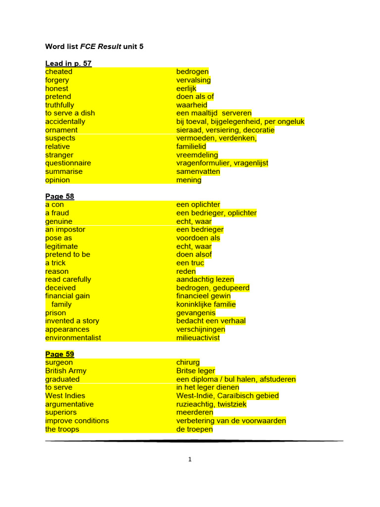 Word List Unit 5 FCER | PDF