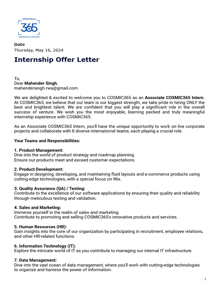 Mahender Singh Internship Offer | PDF | Quality Assurance | Internship